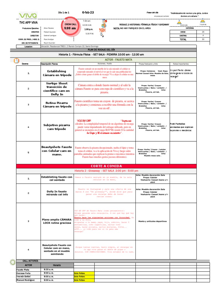 Call Sheet TVC App Viva | PDF