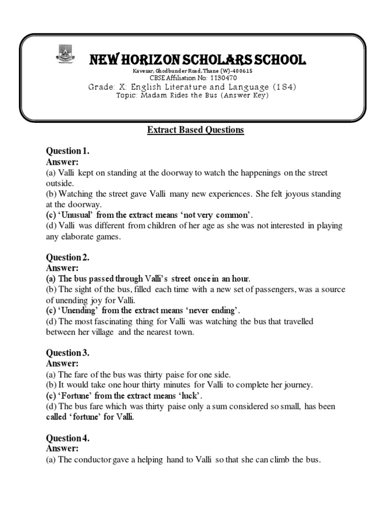 Madam Rides The Bus (Question Bank Answer Key) | PDF | Learning | Dream