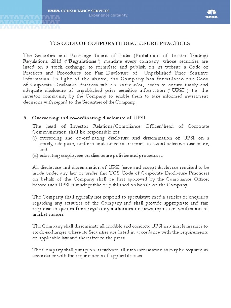 Tcs Code of Corporate Disclosure Practice | PDF | Tribunal | Insider ...