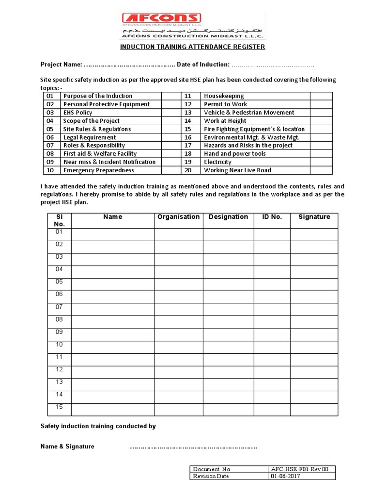 AFC-HSE-F01- HSE Induction Record | PDF