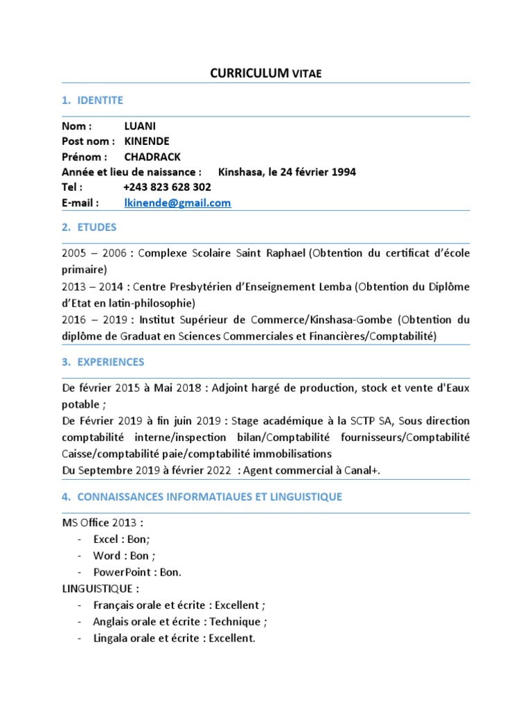 CV de Chadrack Luani Kinende | PDF