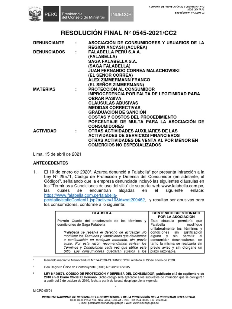 Resolución Final #0545-2021/Cc2: Pe/Static/Staticcontent1.Jsp?Active 10&id Cat200462 | PDF ...