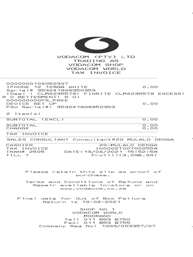 Vodacom Invoice for iPhone Purchase | PDF | Finance & Money Management