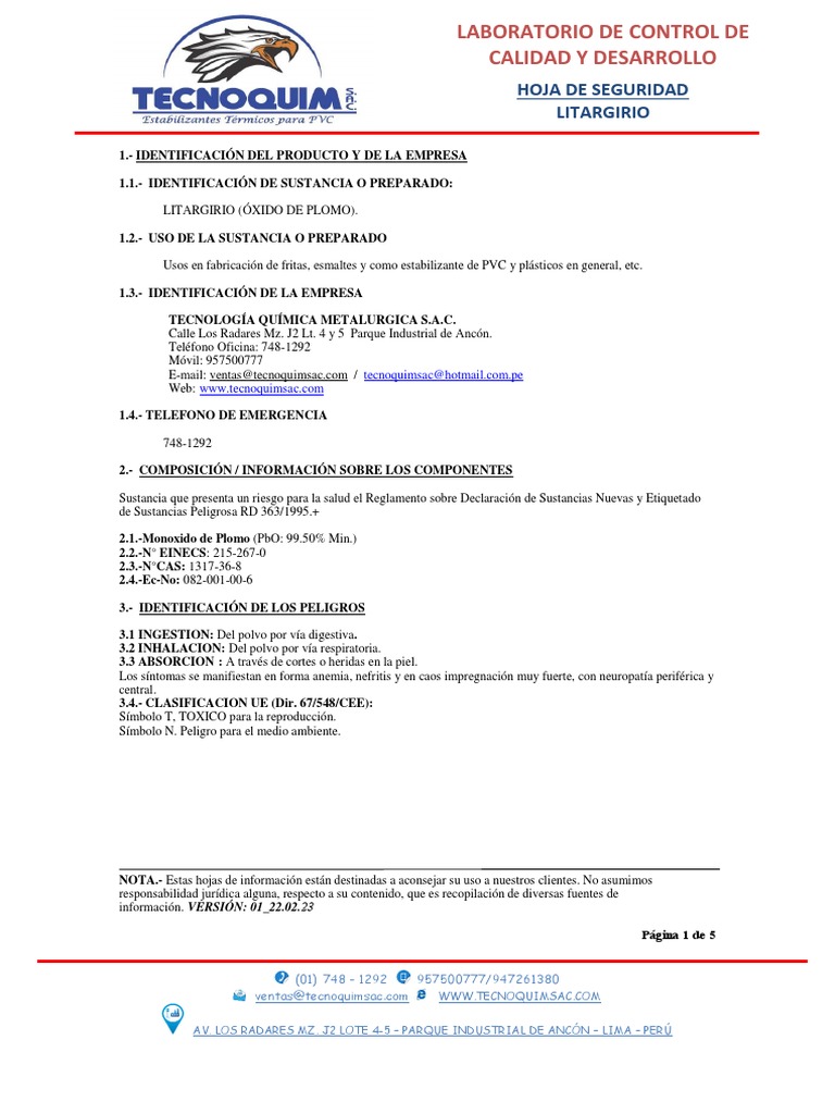 MSDS Litargirio | PDF