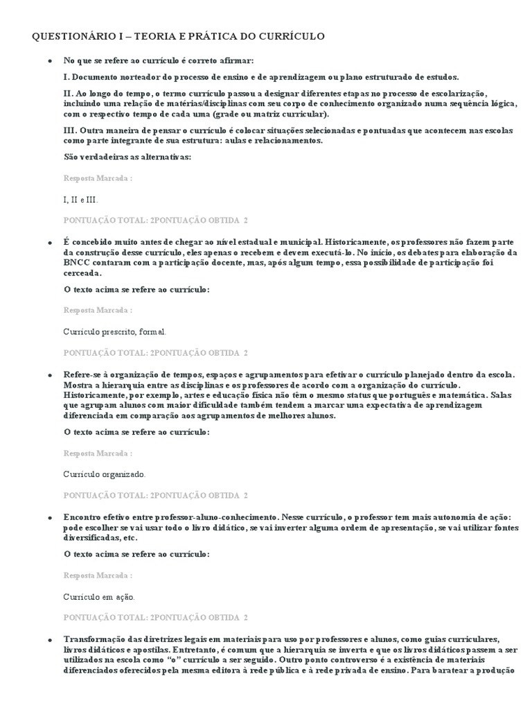 Questionário Teoria e Prática Do Currículo | PDF | Planejamento | Aprendizado