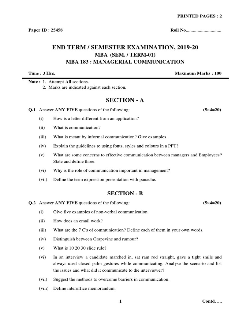 MBA Managerial Communication Exam Paper | PDF | Communication | Cognition