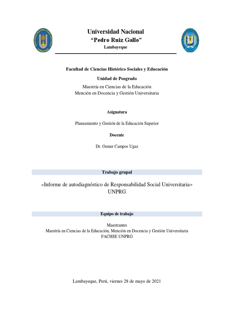 INFORME Autodiagnóstico RSU UNPRG Modelo URSULA Final 28.05.21 Ok | PDF | Plan de estudios