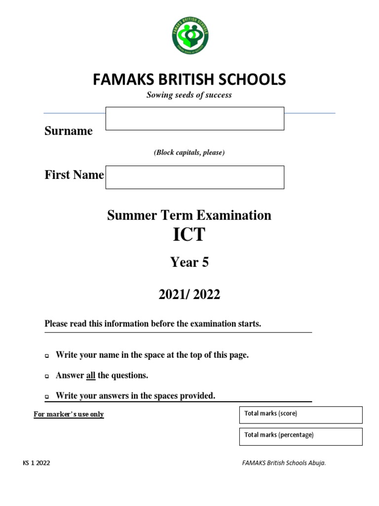 Year 5 ICT Examination Guide | PDF
