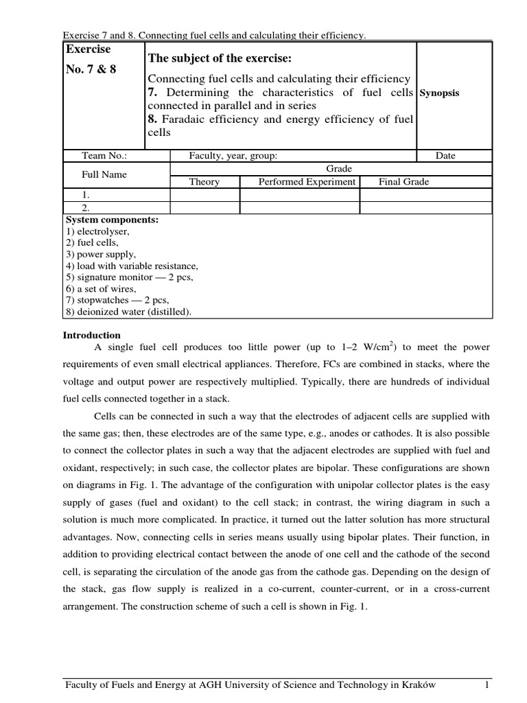 Exercise 7 and 8. Connecting Fuel Cells and Calculating Their ...
