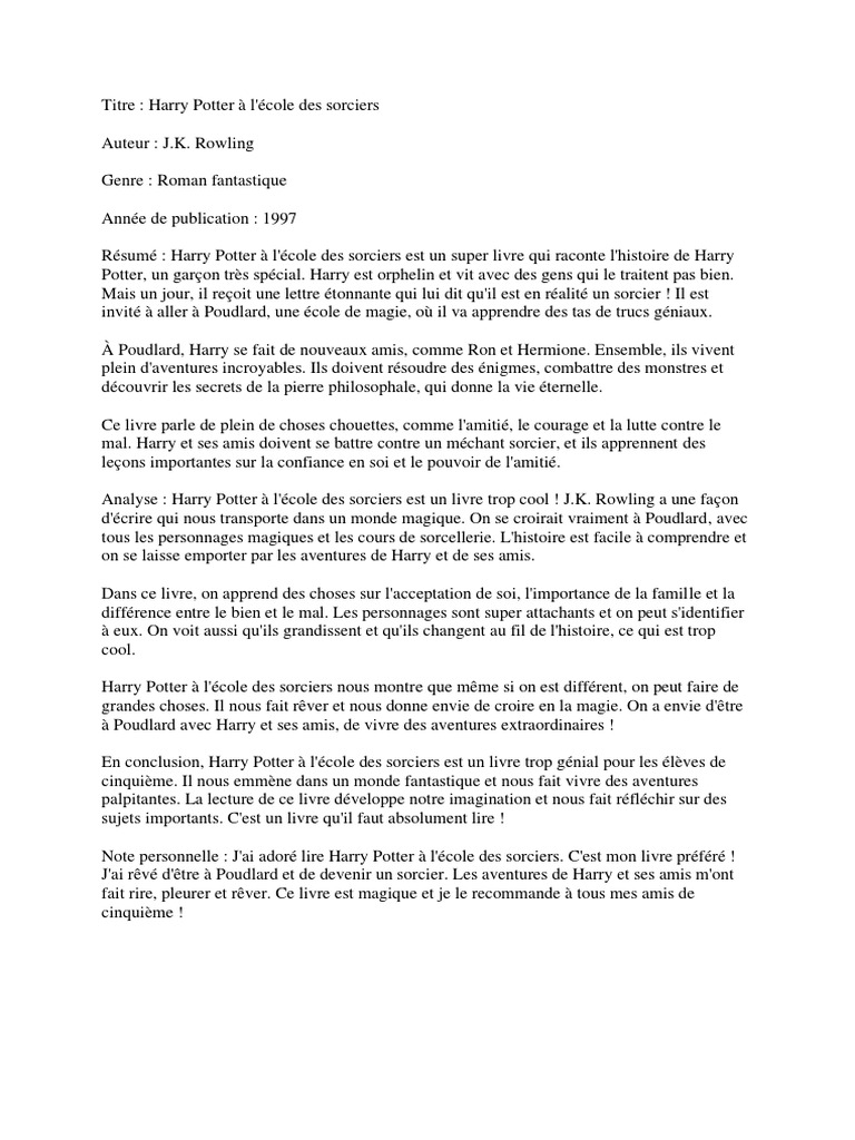 Fiche de Lecture Harry Potter | PDF