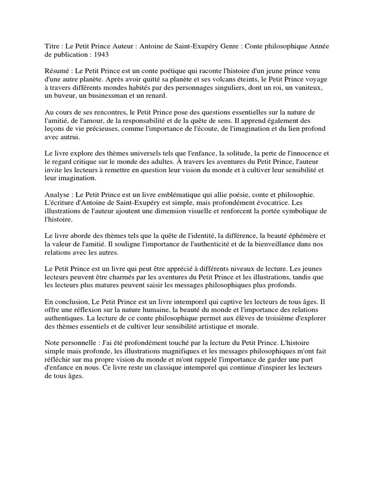 Fiche de Lecture Le Petit Prince | PDF