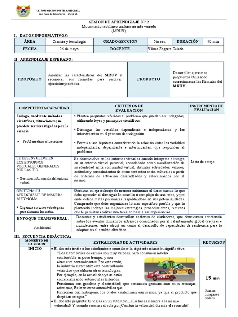 5° Sesión Mruv" | PDF | Aprendizaje | Evaluación