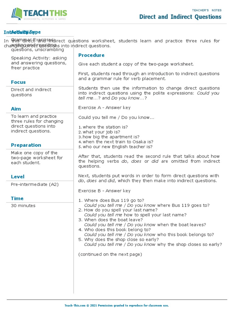 Teaching Direct and Indirect Questions | PDF | Foreign Language Studies