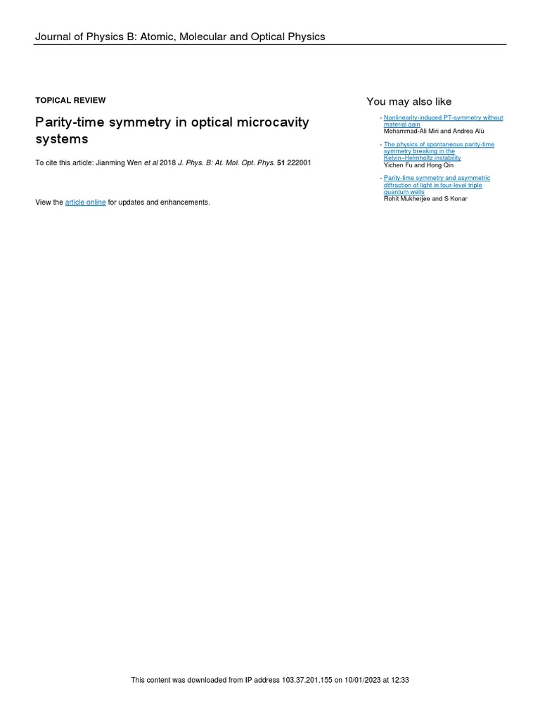 Parity-Time Symmetry in Optical Microcavity | PDF | Hamiltonian (Quantum Mechanics ...