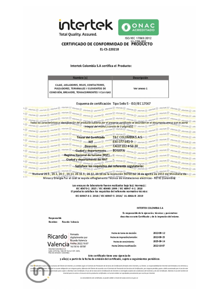 Certificado Conformidad Eléctrica Intertek | PDF