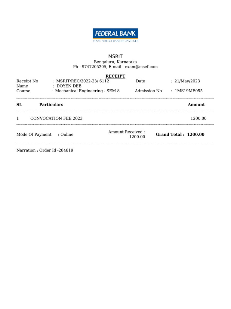 MSRIT Convocation Fee Receipt 2023 | PDF