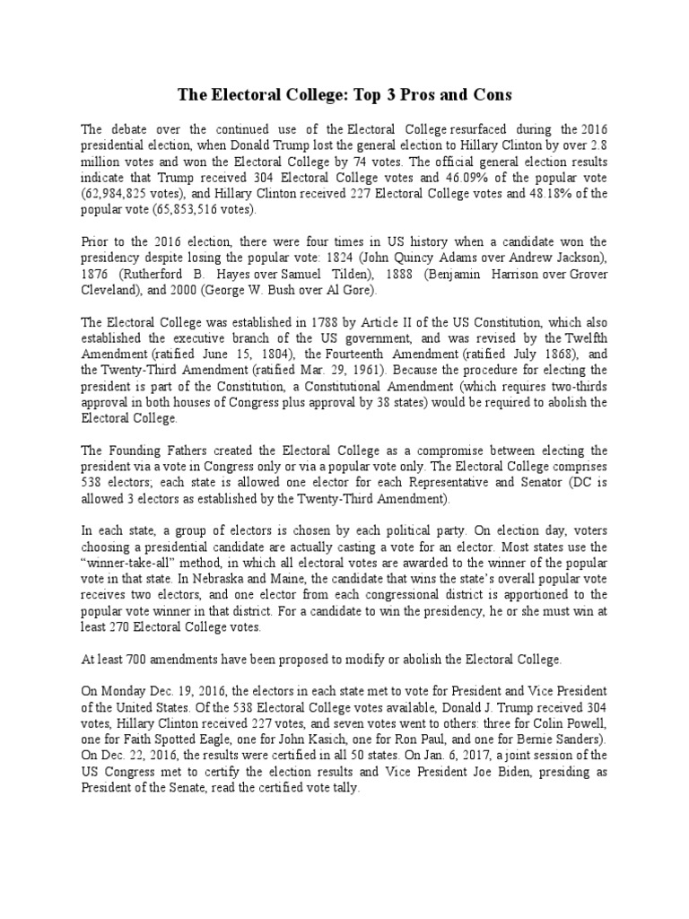 The Electoral College Pros and Cons | PDF | Swing State | Presidents Of ...