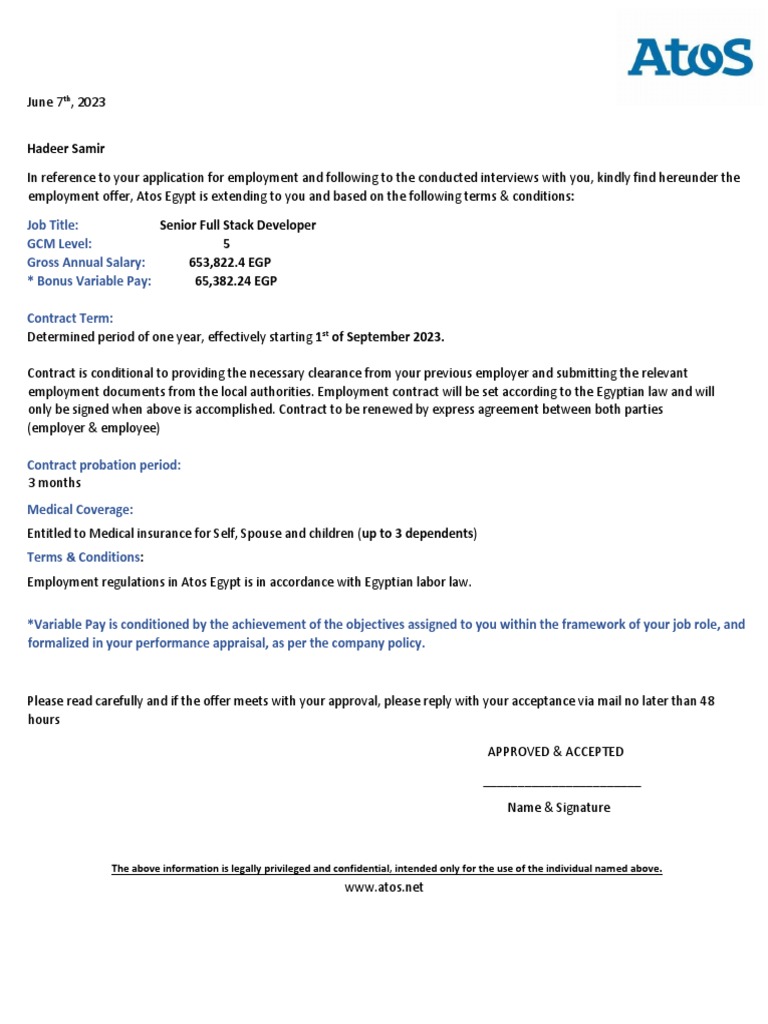 Employment Offer - Hadeer Samir | PDF