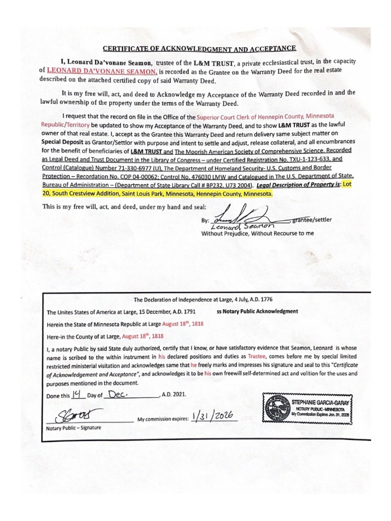 Certificate of Acknowledgment and Acceptance | PDF