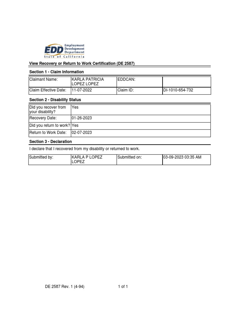 DE 2587 Recovery Certification for Lopez | PDF | Law