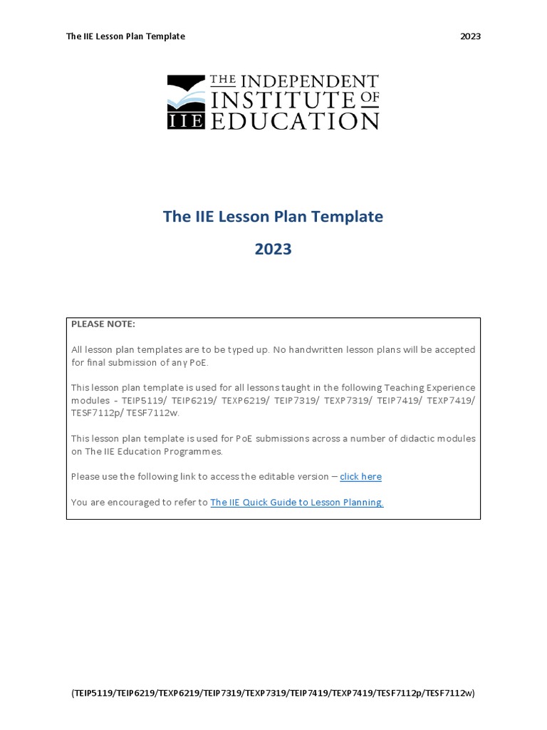 IIE Lesson Plan Template 2023 | PDF | Lesson Plan | Learning