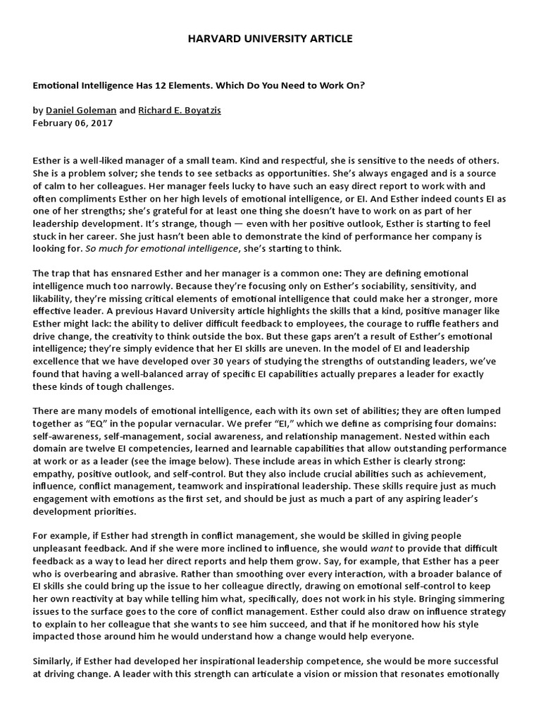 Harvard University - Emotional Intelligence Article | PDF | Emotional ...