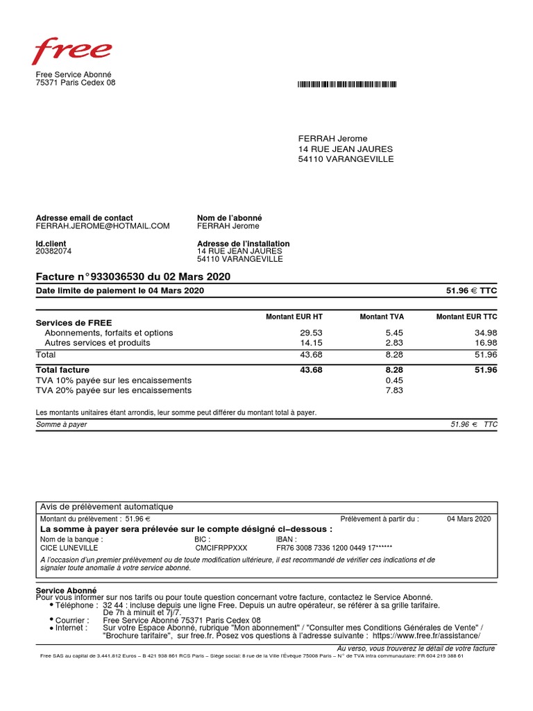 Facture Free 202003 20382074 933036530 | PDF | Taxe sur la valeur ...