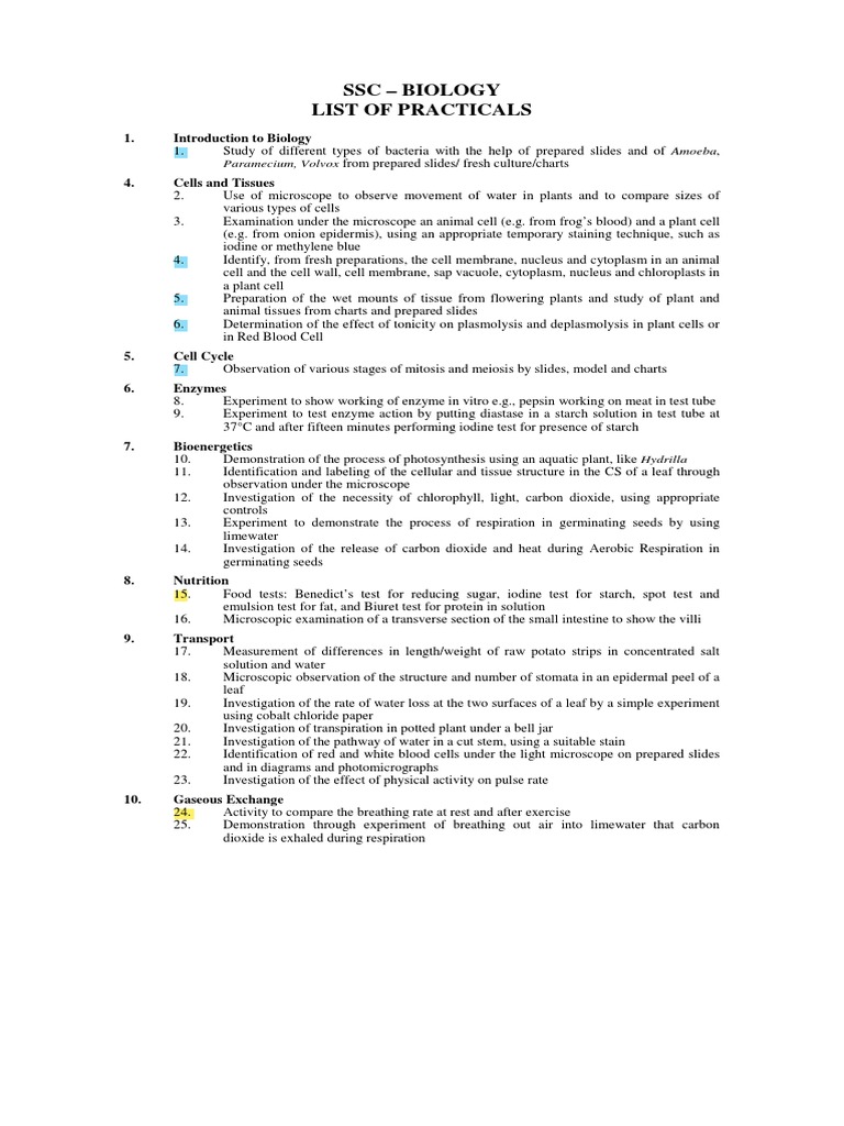 LIST OF PRACTICALS Biology SSC | PDF | Cell (Biology) | Plants