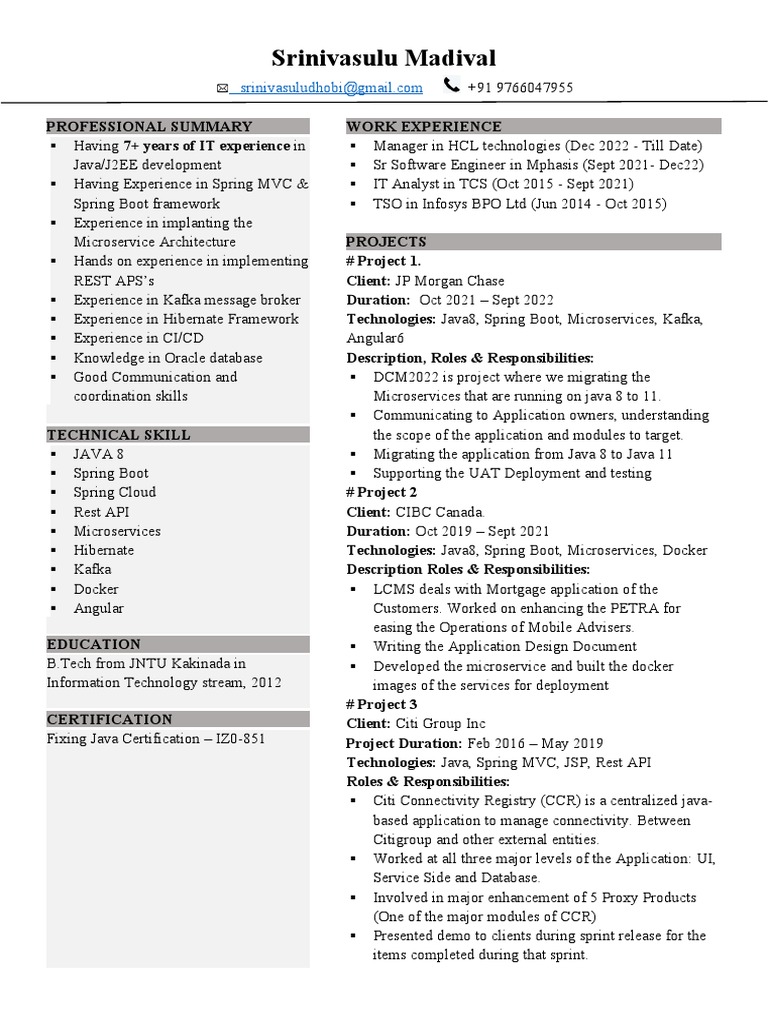 Srinivasulu M Resume | PDF | Spring Framework | Software Development