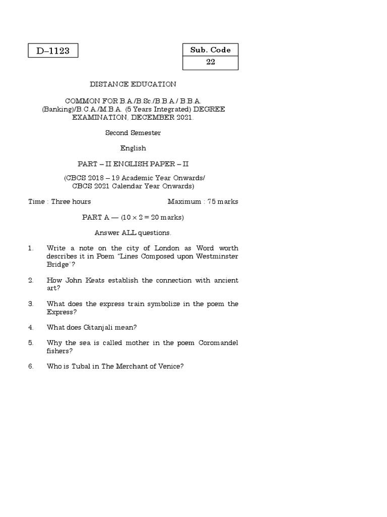 D1123 - Part - II English Paper - II | PDF | The Merchant Of Venice ...