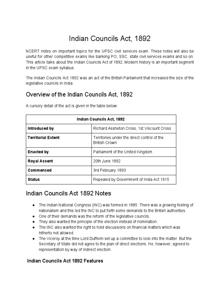 Indian Councils Act 1892 | PDF | British Raj | Government