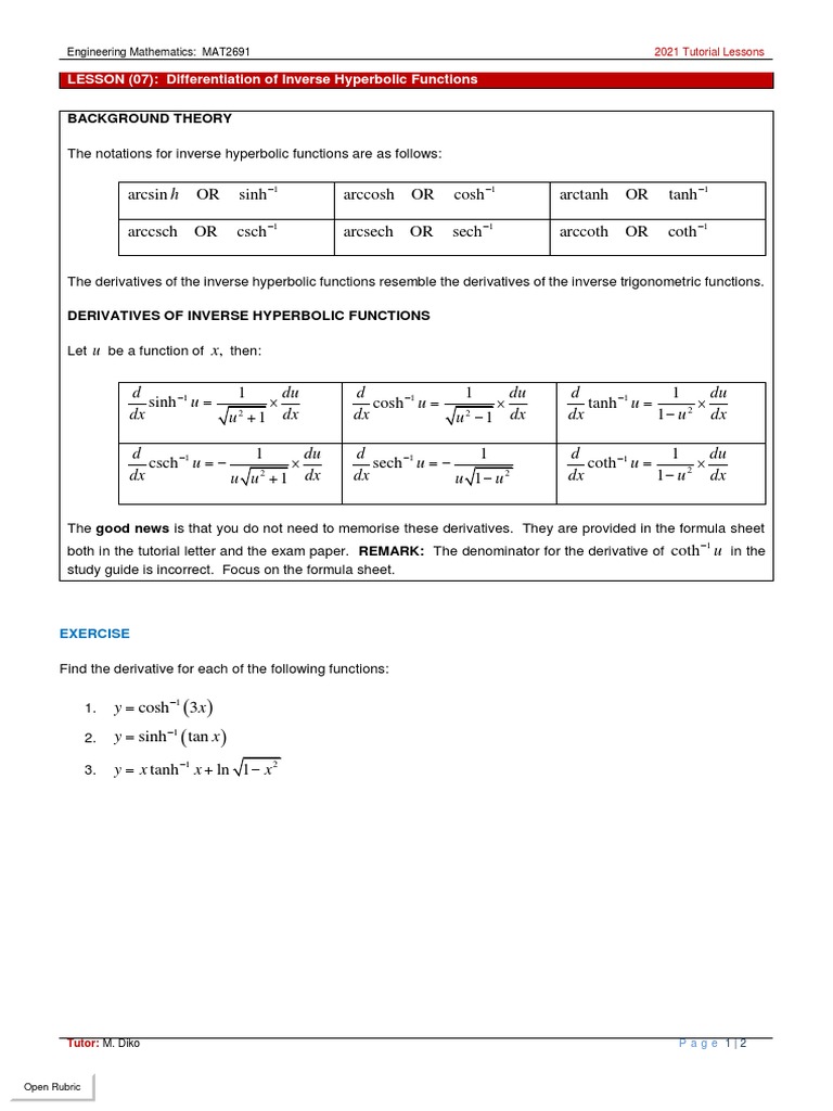 Lesson 07 Differentiation of Inverse Hyperbolic Functions | PDF | Derivative | Function ...