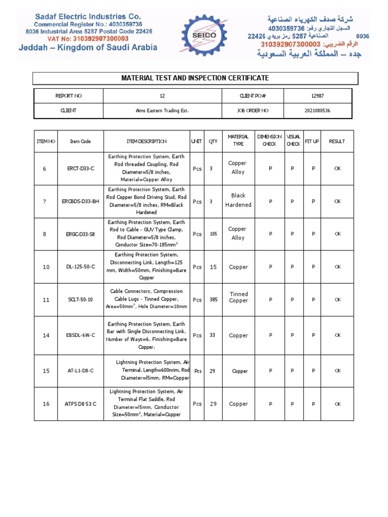 Material Test and Inspection Certificate: 6 Pcs Copper Alloy | PDF ...