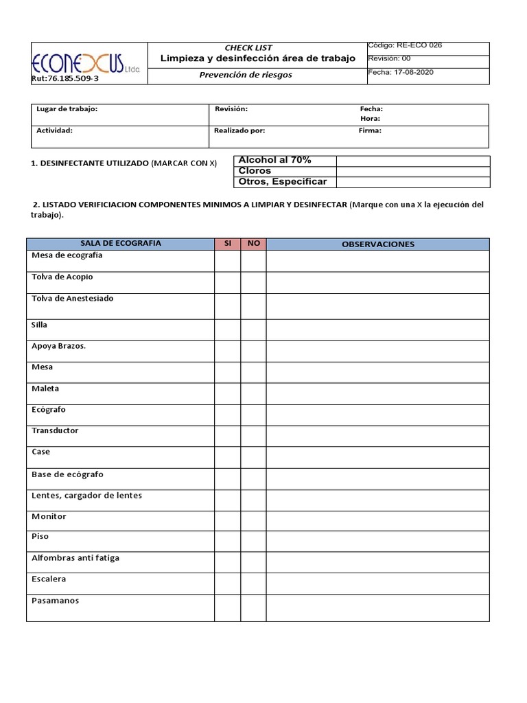 RE-ECO-026 Check List Limpieza y Desinfeccion Area de Trabajo | PDF RE-ECO-026 Check List Limpieza y Desinfeccion Area de Trabajo | PDF