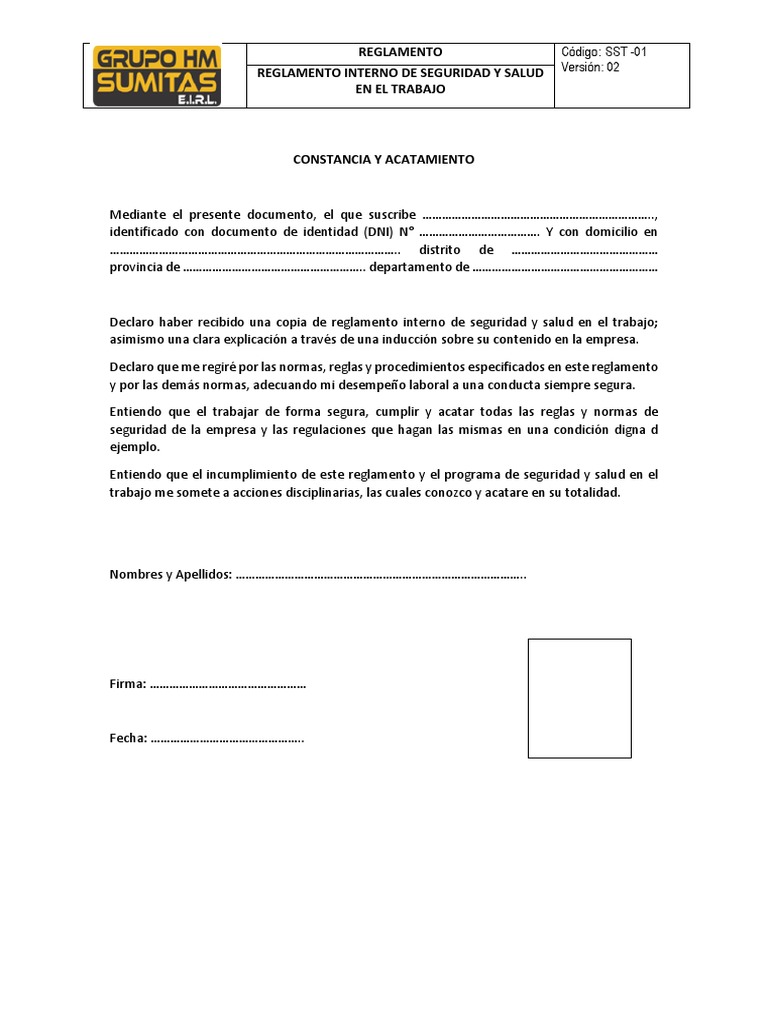 CONSTANCIA Y ACATAMIENTO - RISST HM SUMITAS | PDF