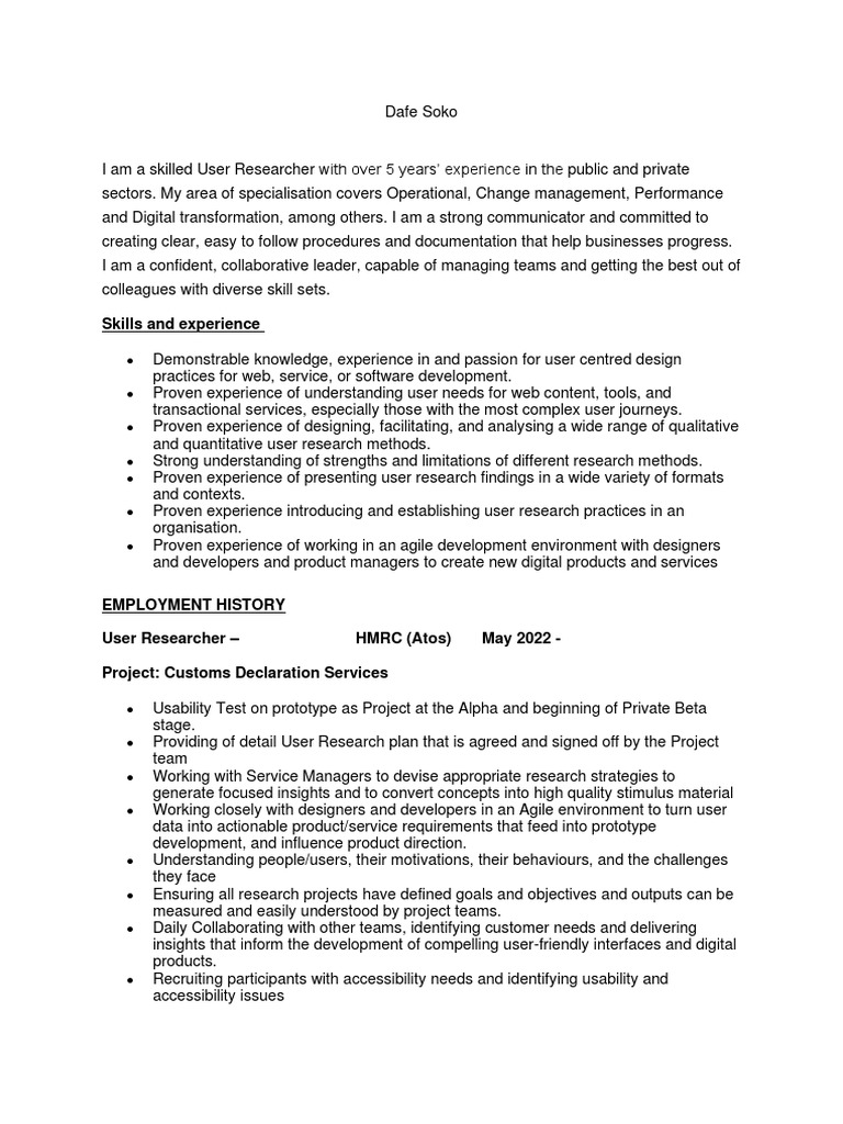 User Researcher-Dafe Soko | PDF | Usability | Agile Software Development