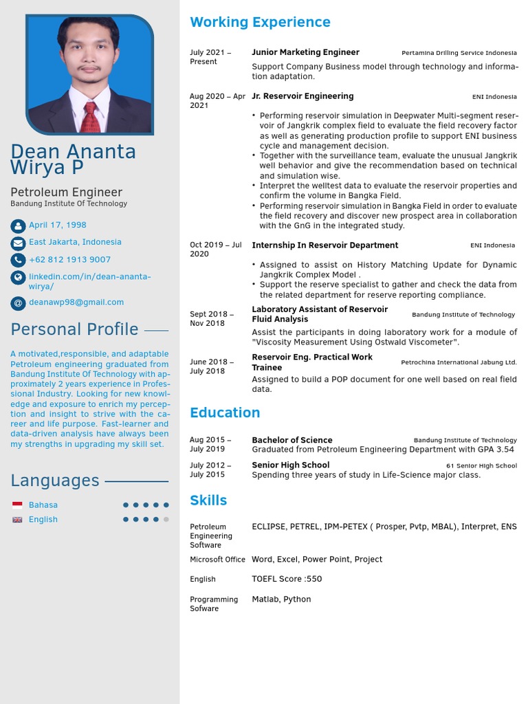 Dean Ananta Wirya - CV | PDF | Petroleum Reservoir