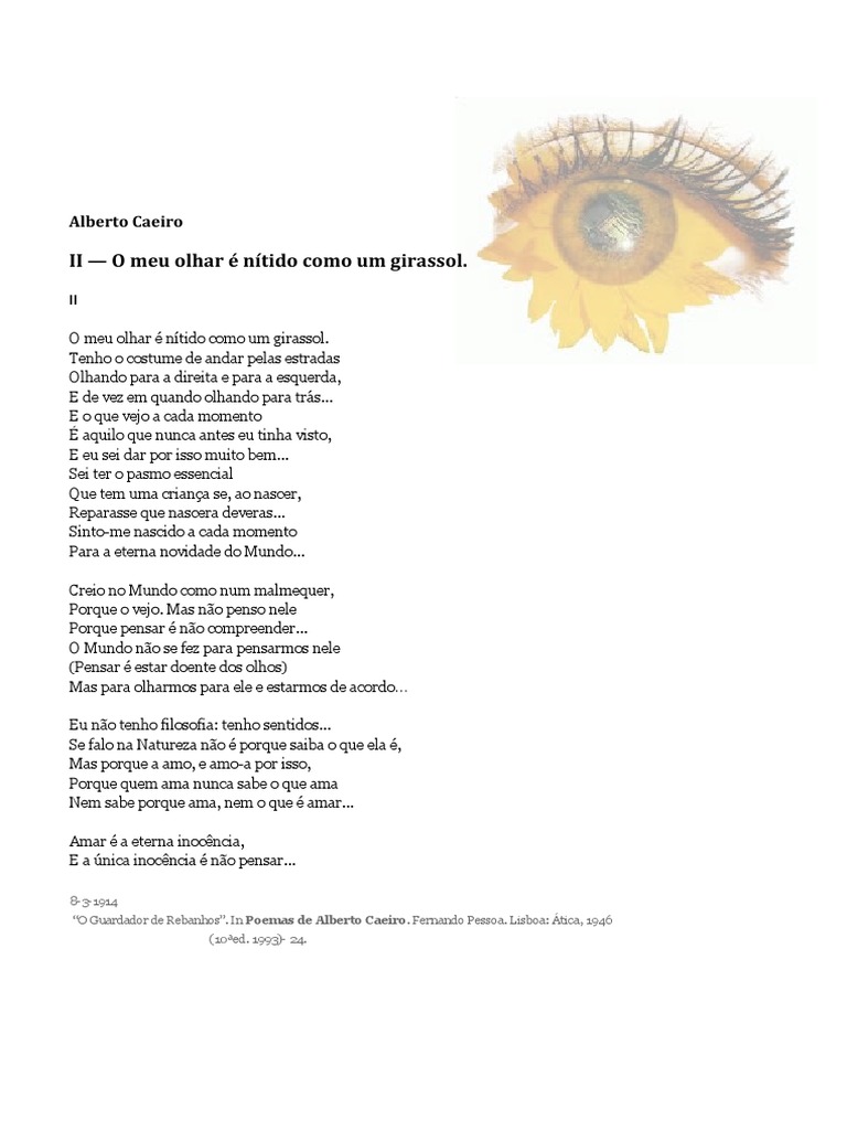 Alberto Caeiro Ficha de Interpretação | PDF | Poesia | Conhecimento