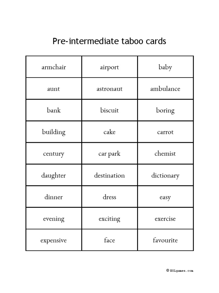 Pre Intermediate Taboo Cards 1 | PDF