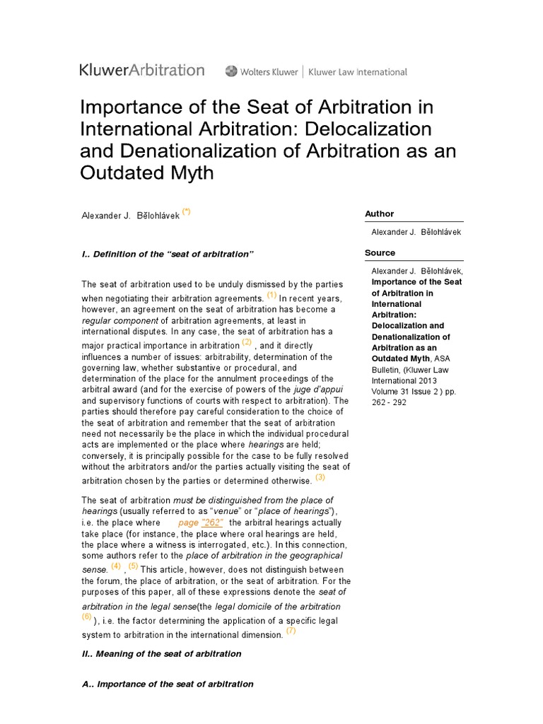 I.. Definition of The "Seat of Arbitration": Regular Component of Arbitration Agreements, at ...