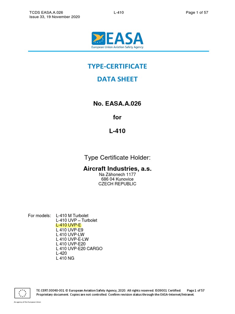 EASA L-410 Type Certificate Data | PDF | Aviation | Aircraft