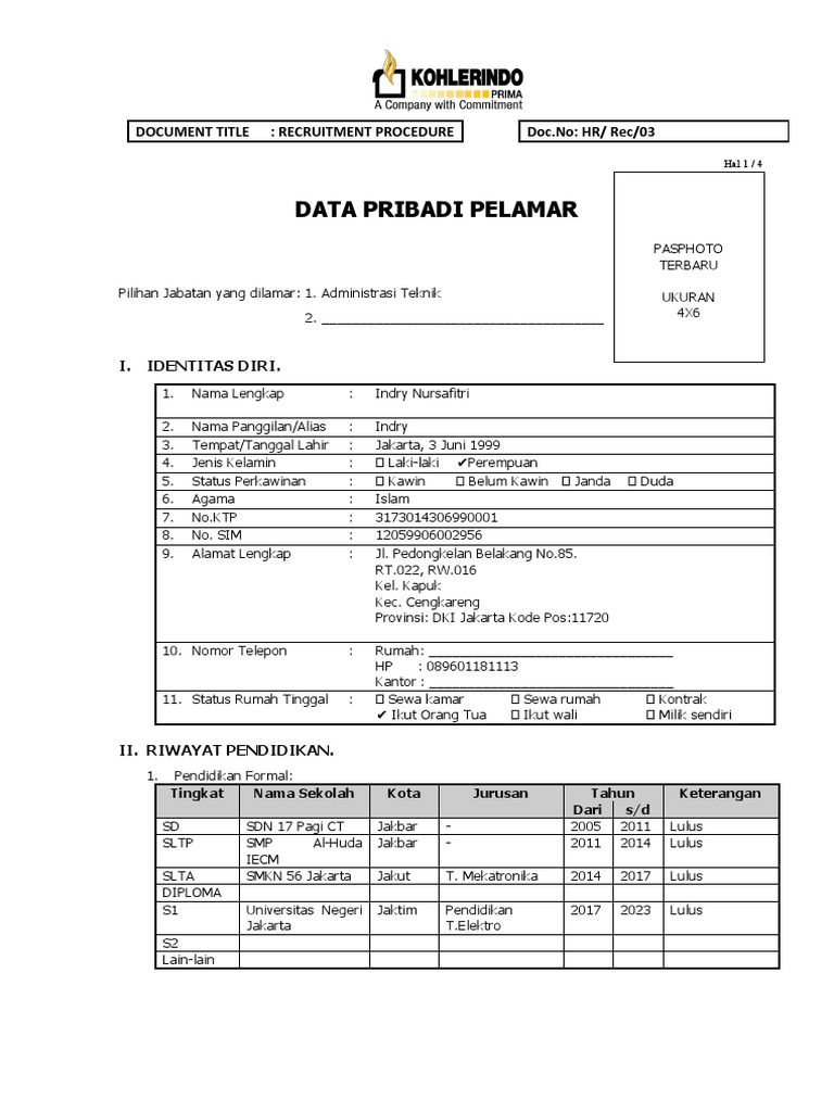 03 - FORM DATA PRIBADI PELAMAR - KP Salinan | PDF