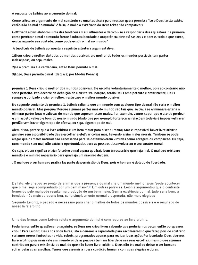 Leibinz e o Argumento Do Mal | PDF | Livre arbítrio | Teologia