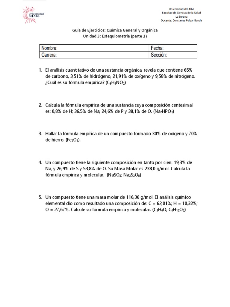 Guía N°2 de Ejercicios (Formula Empírica y Formula Molecular) | PDF Guía N°2 de Ejercicios (Formula Empírica y Formula Molecular) | PDF