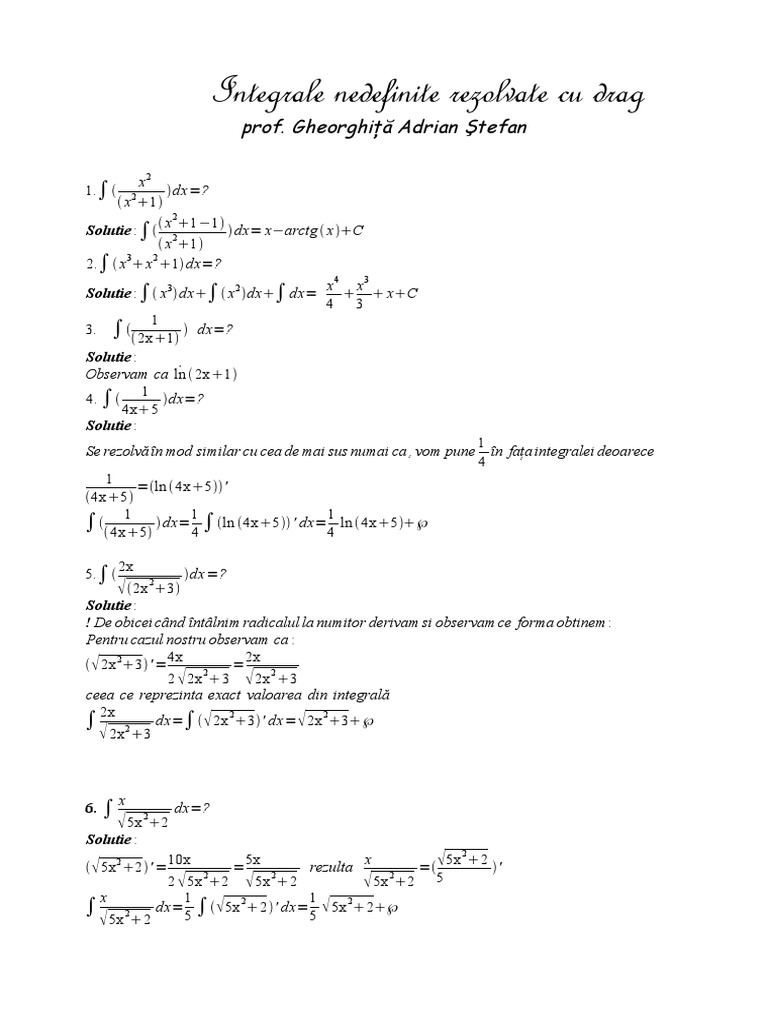Integrale Nedefinite Rezolvate Cu Drag | PDF