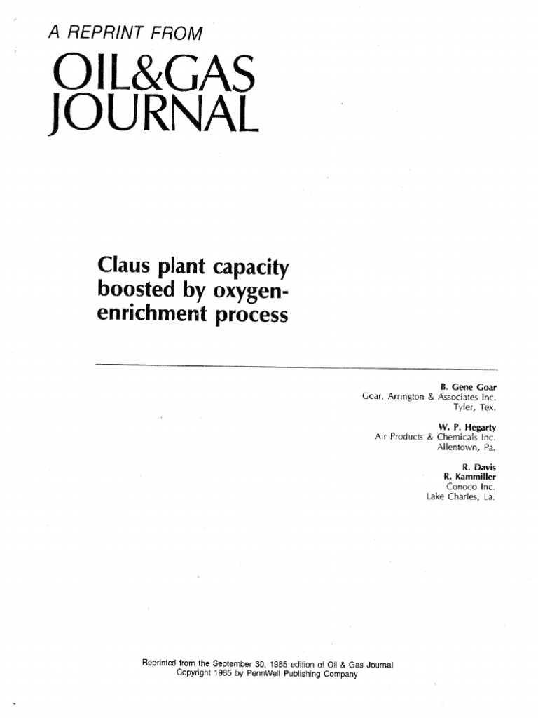 Claus Plant Capacity Boosted by Oxygen-Enrichment Process | PDF
