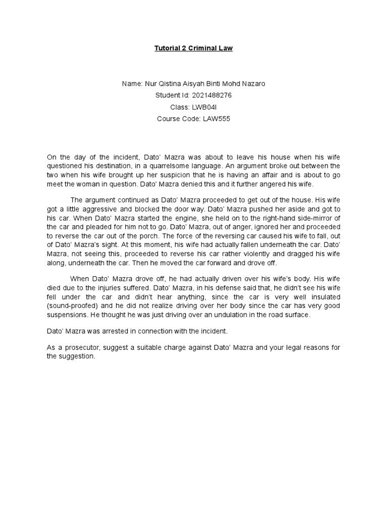 Tutorial 2 Criminal Law - 2021488276 | PDF