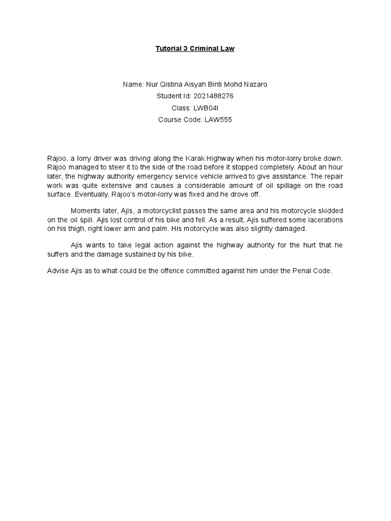 Tutorial 3 Criminal Law - 2021488276 | PDF
