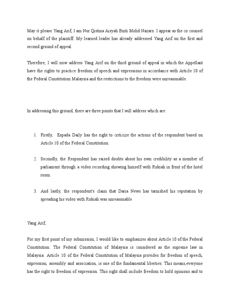 Script Mooting Qys | PDF | Freedom Of Speech | Constitution