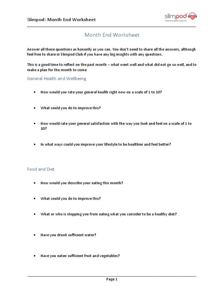 Month End Worksheet | PDF | Dieting | Food And Drink